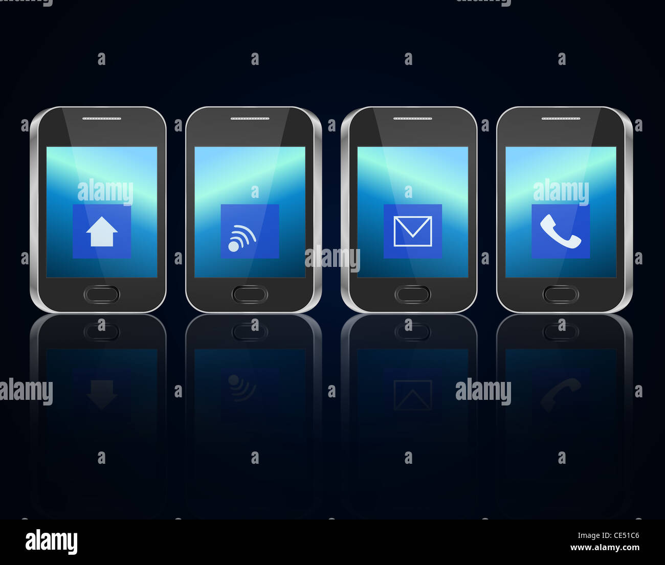 Illustration depicting four illuminated communication devices arranged ...