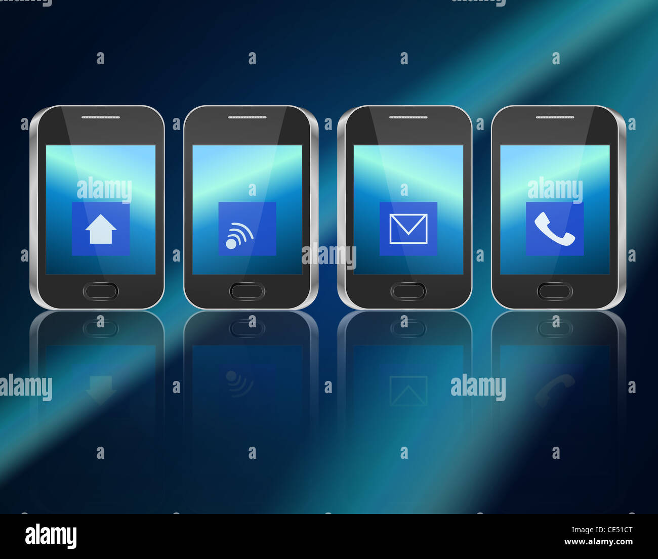 llustration depicting four illuminated communication devices over blue ...