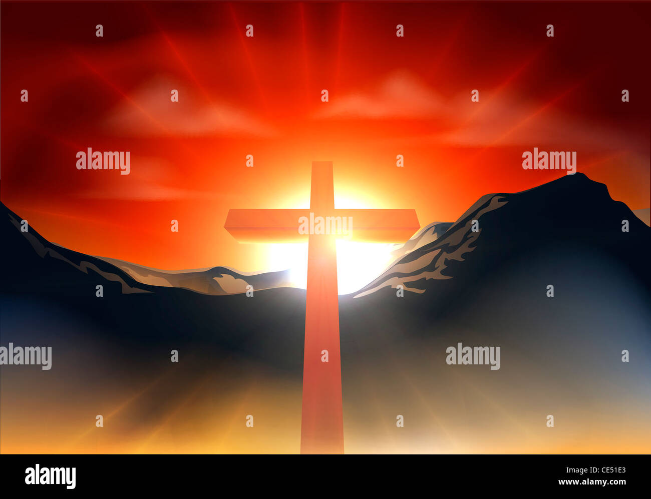 Christian cross with sun rising behind it over a mountain range. Could ...