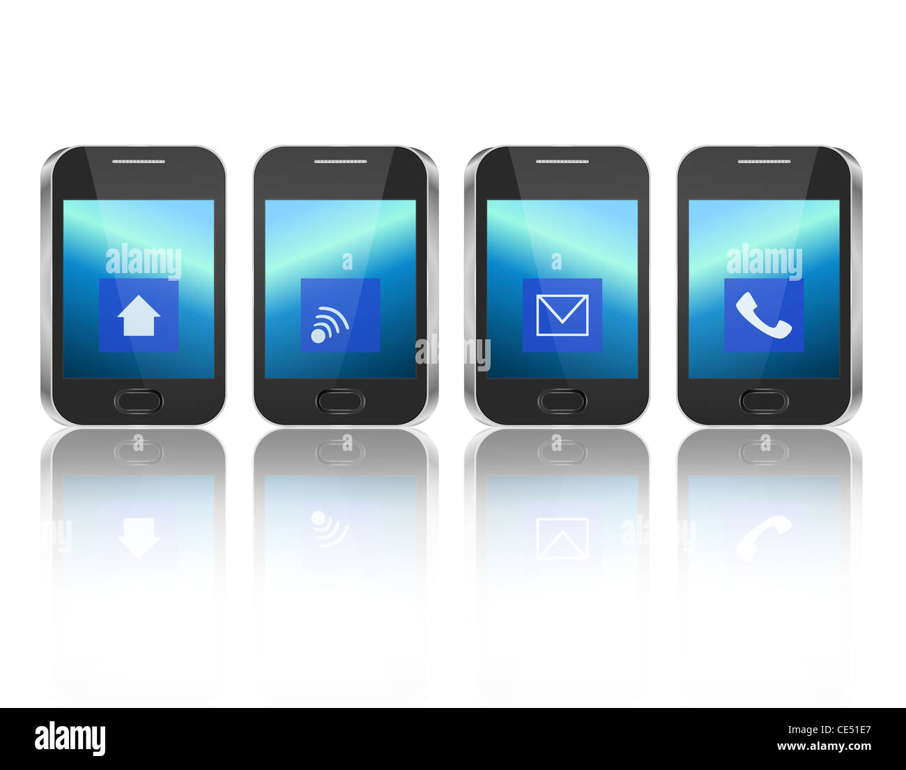Illustration depicting four smart phones displaying a variety of icons ...