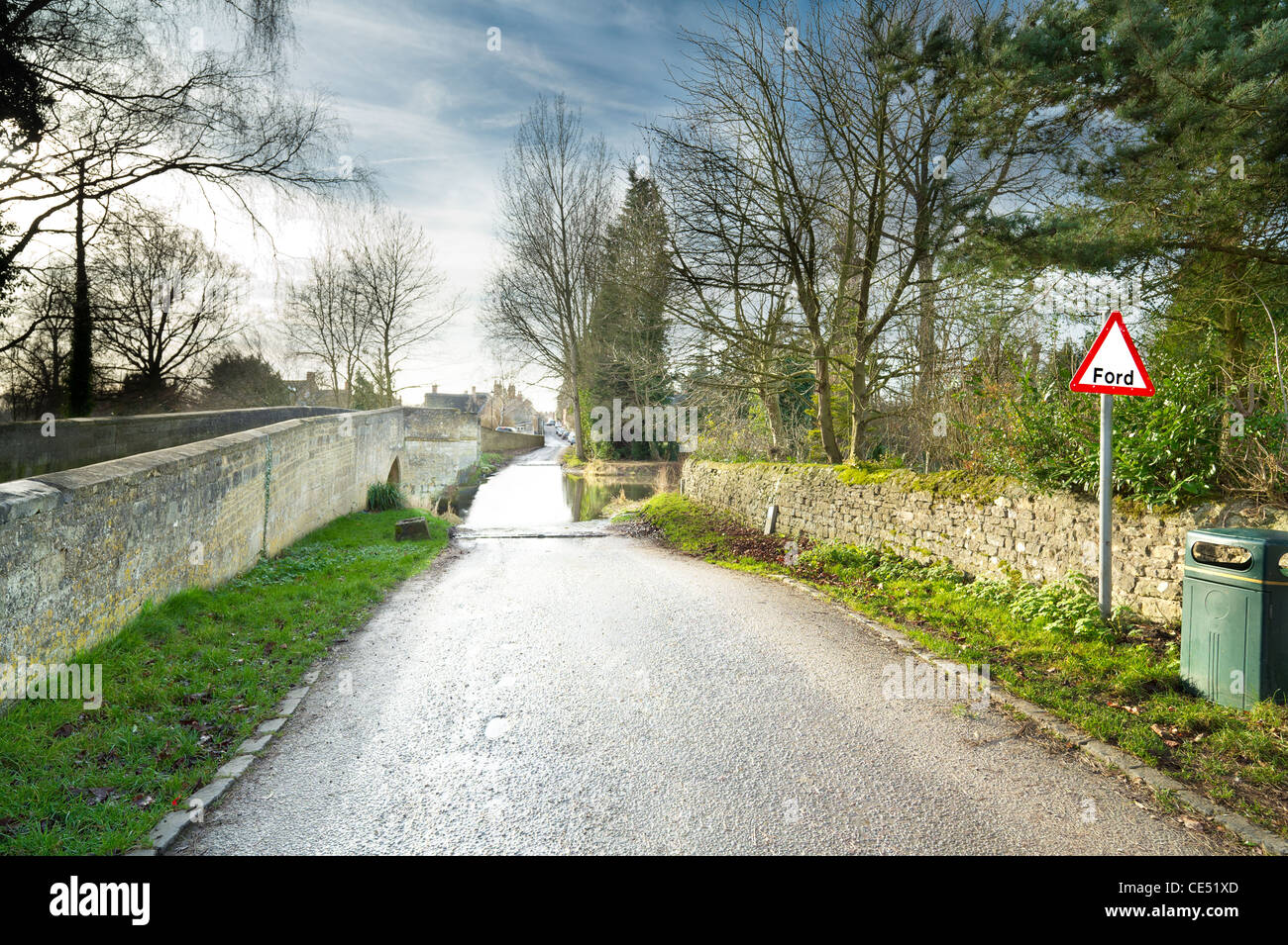 Ford over the river Ise in the village of Geddington, middle England ...