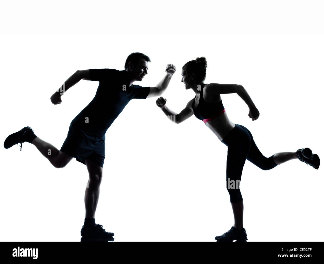 one couple man woman exercising workout aerobic fitness posture full ...