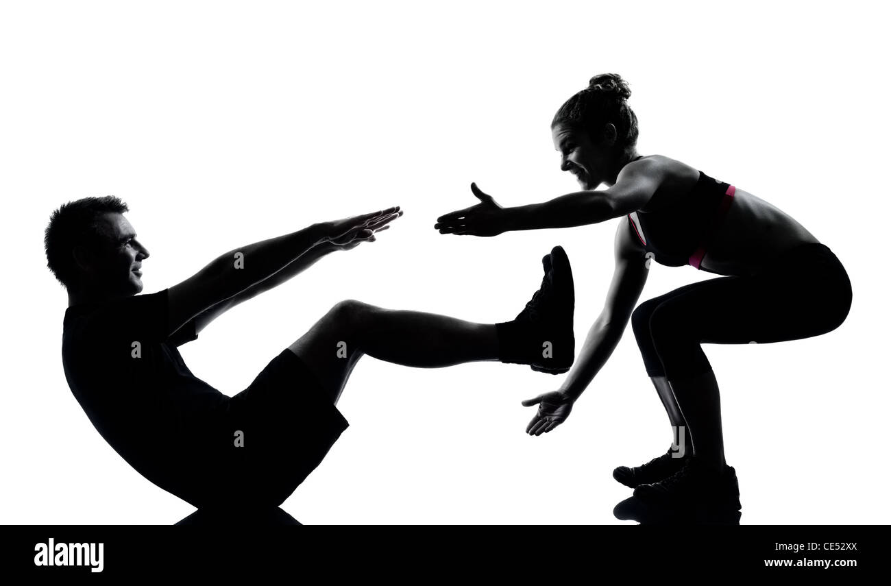 one couple man woman exercising workout aerobic fitness posture full ...