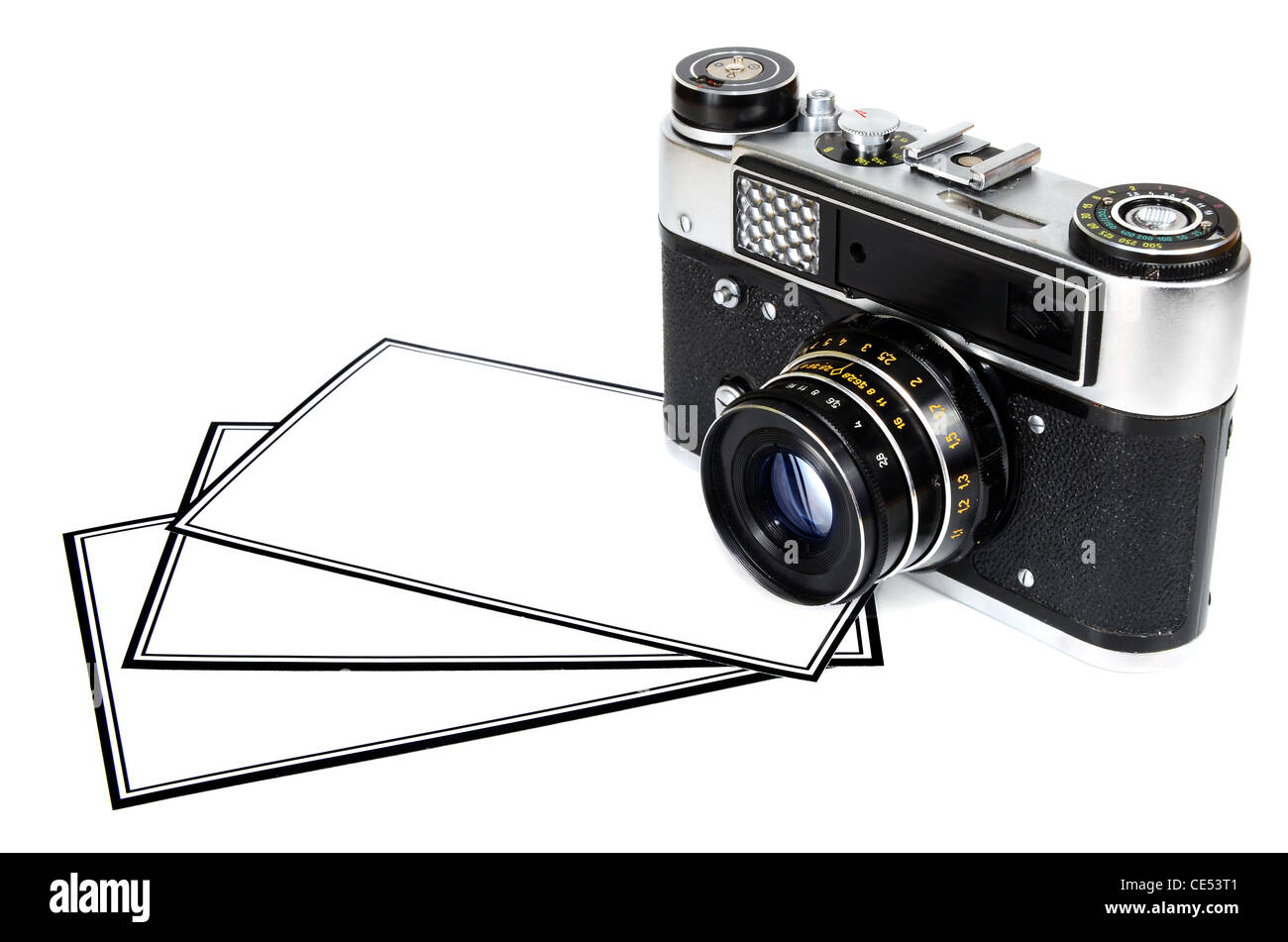 old retro photo camera and blank photo isolated on white background ...