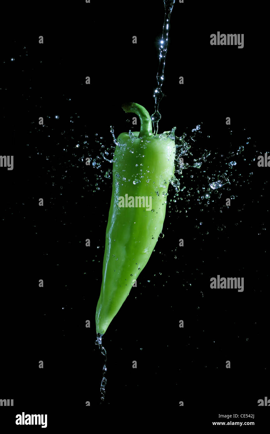 Green pepper splashed by water over black background Stock Photo - Alamy