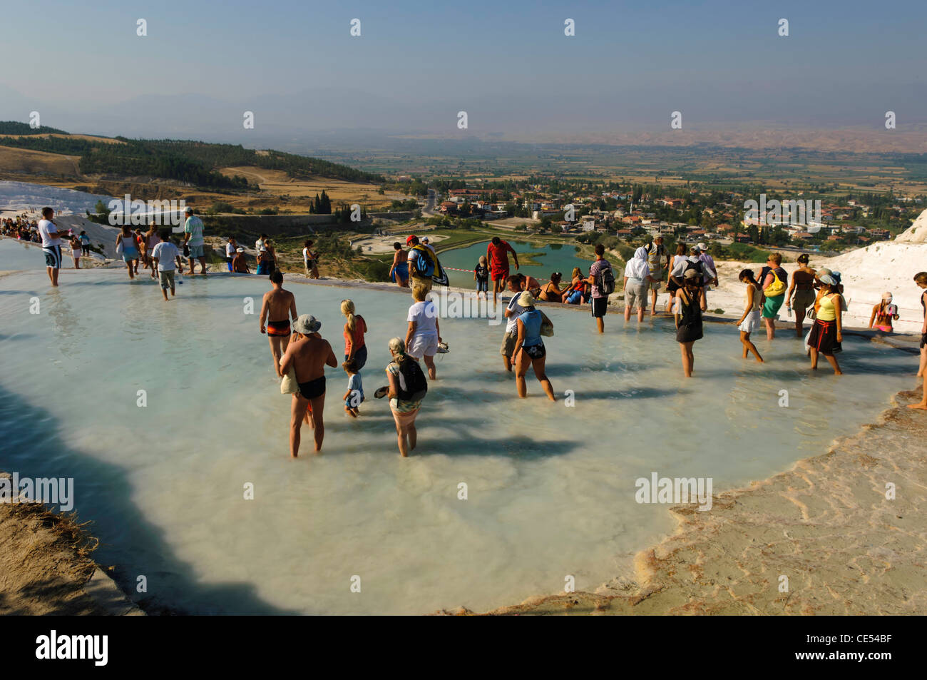 Travertine terraces of calcium carbonate minerals left by flowing water ...