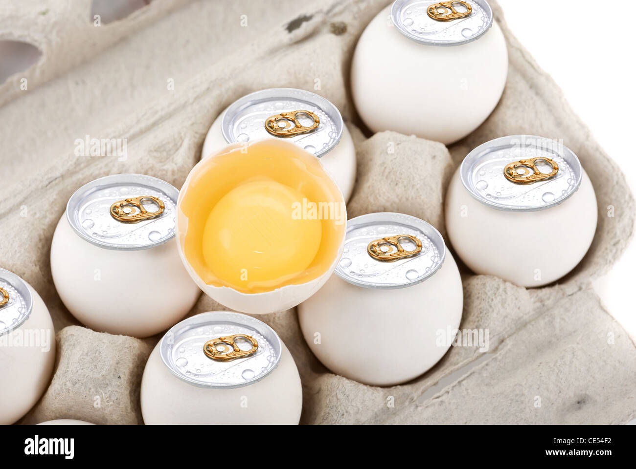 Eggs as aluminum can at the box isolated on a white background Stock ...