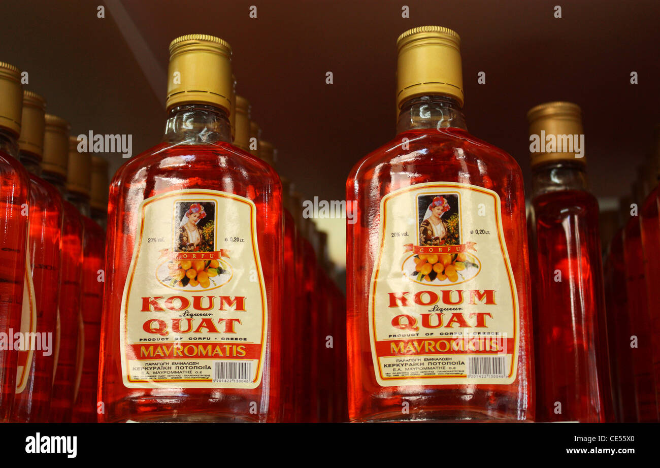 Traditional liqueur made from koum-quat fruit, Corfu, Ionian Island ...