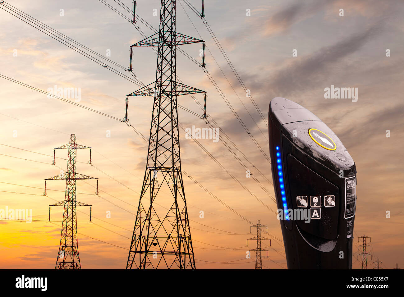 Power lines and pylons at sunset in Billingham, Teeside, UK and an ...