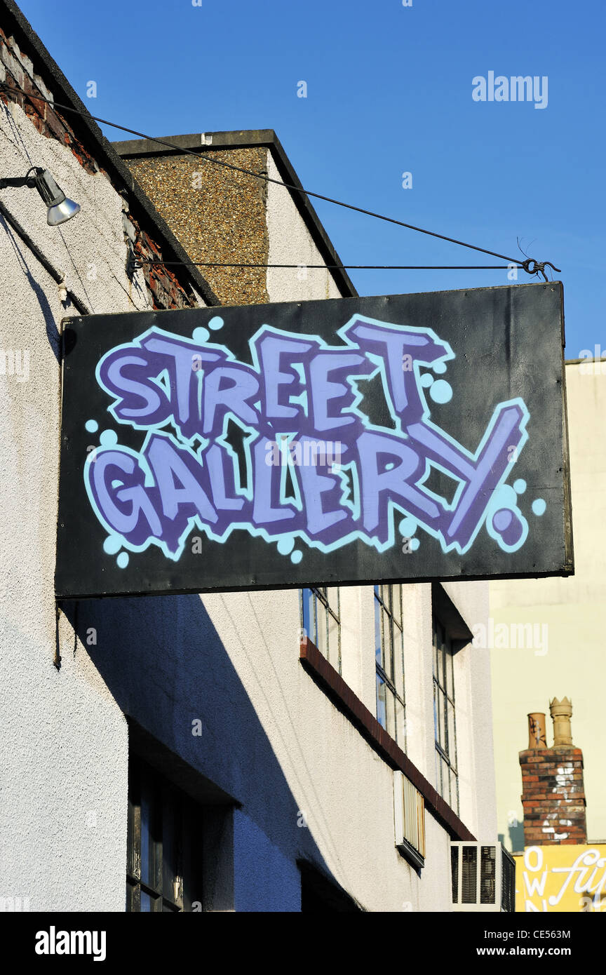 A street gallery sign, Stokes Croft, Bristol Stock Photo - Alamy