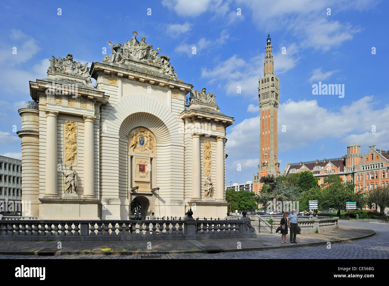 Roundabout with belfry and triumphal arch Porte de Paris of Lille ...