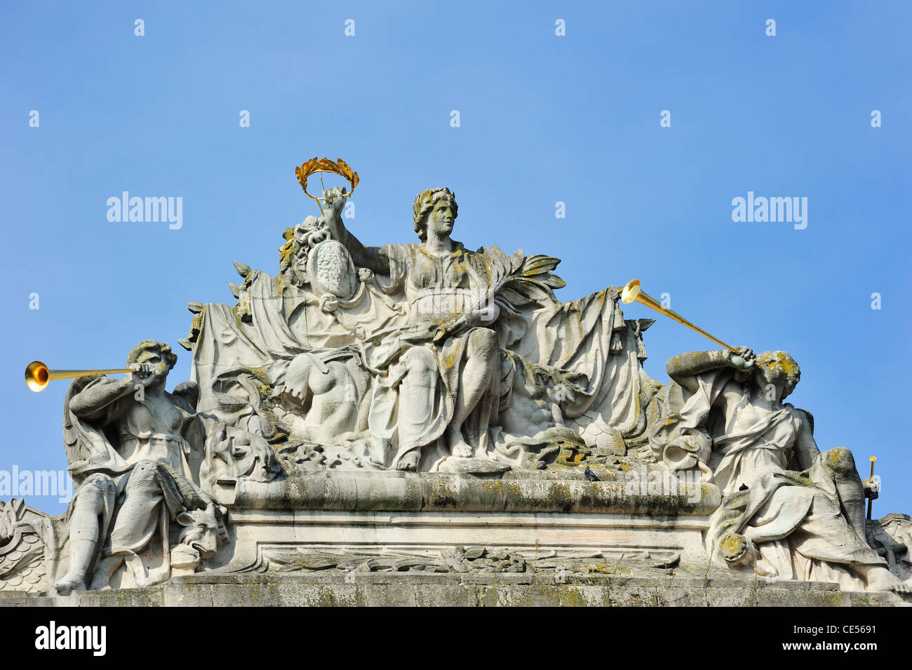 Sculpture of Baroque figures, goddess Victoria and angels, on top of ...
