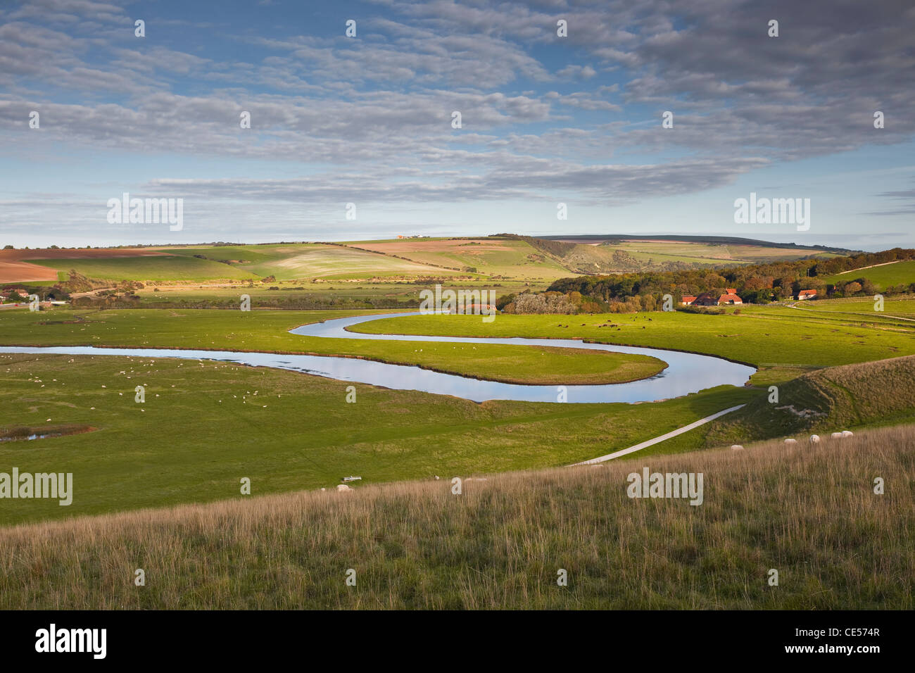 The winding river Cuckmere at Cuckmere Haven in Sussex, England, UK ...