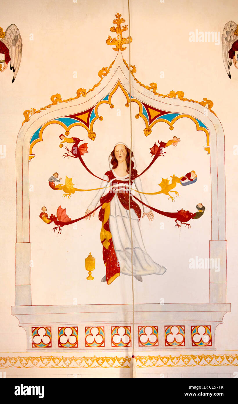 Medieval styled painted mural of Mary Casting out the Seven Devils in ...