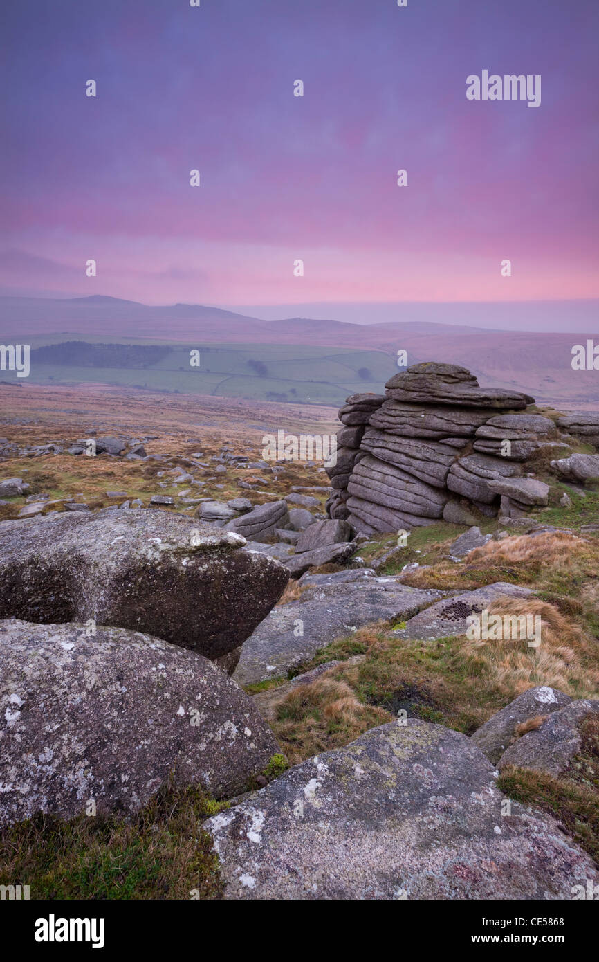 View towards High Willhays from Belstone Tor at sunrise, Dartmoor ...