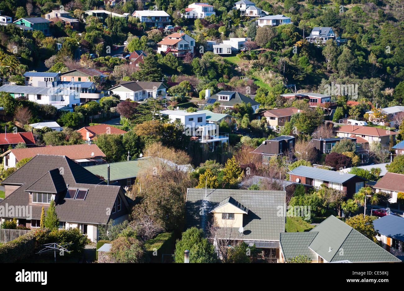 Elevated view of houses and gardens near Lyttelton, suburbs of ...