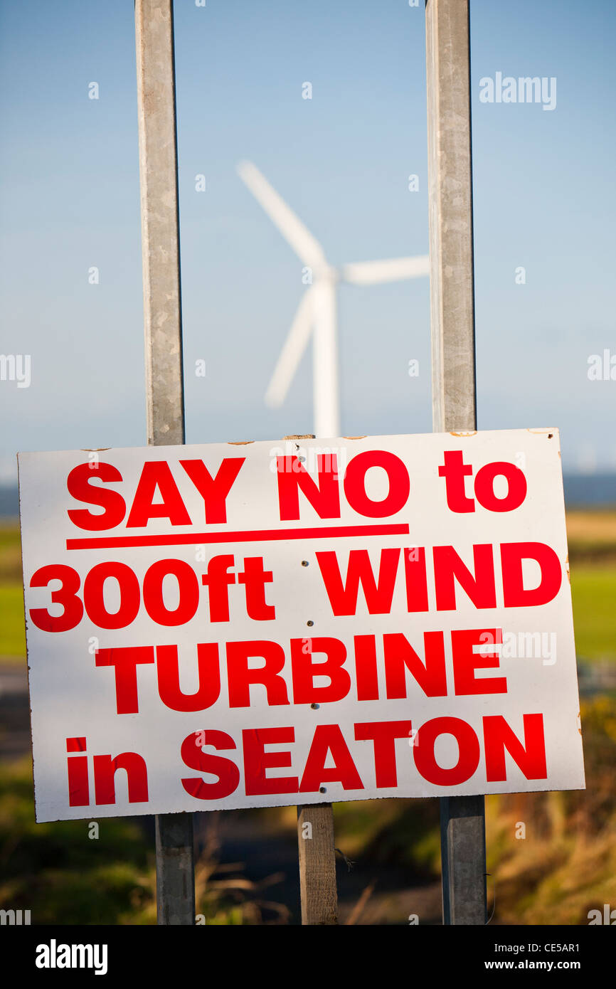 A protest sign about a new wind turbine in Seaton near workington ...