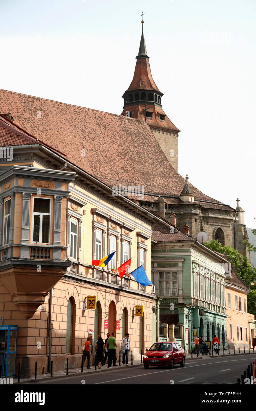 Romania, Brasov, Street view with Trumpeter's Tower, which topped off ...