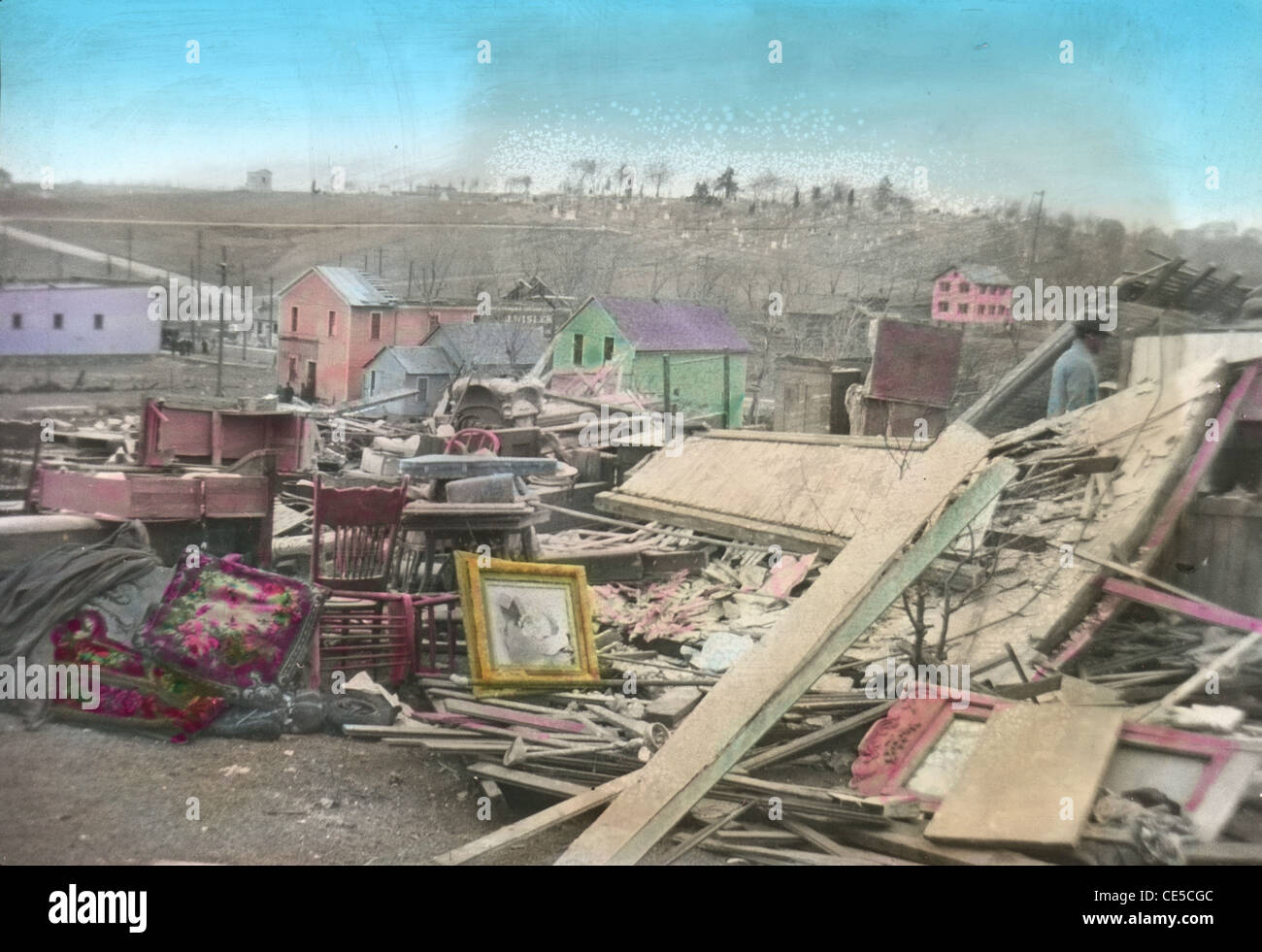 Circa 1900 hand-tinted photograph, tornado damage in the Midwestern ...