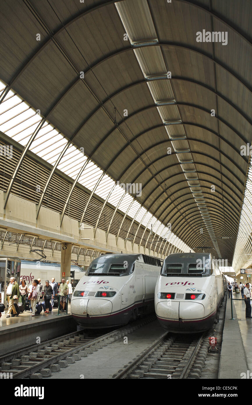 Renfe high-speed trains at Sevilla Santa Justa train station, Sevilla ...