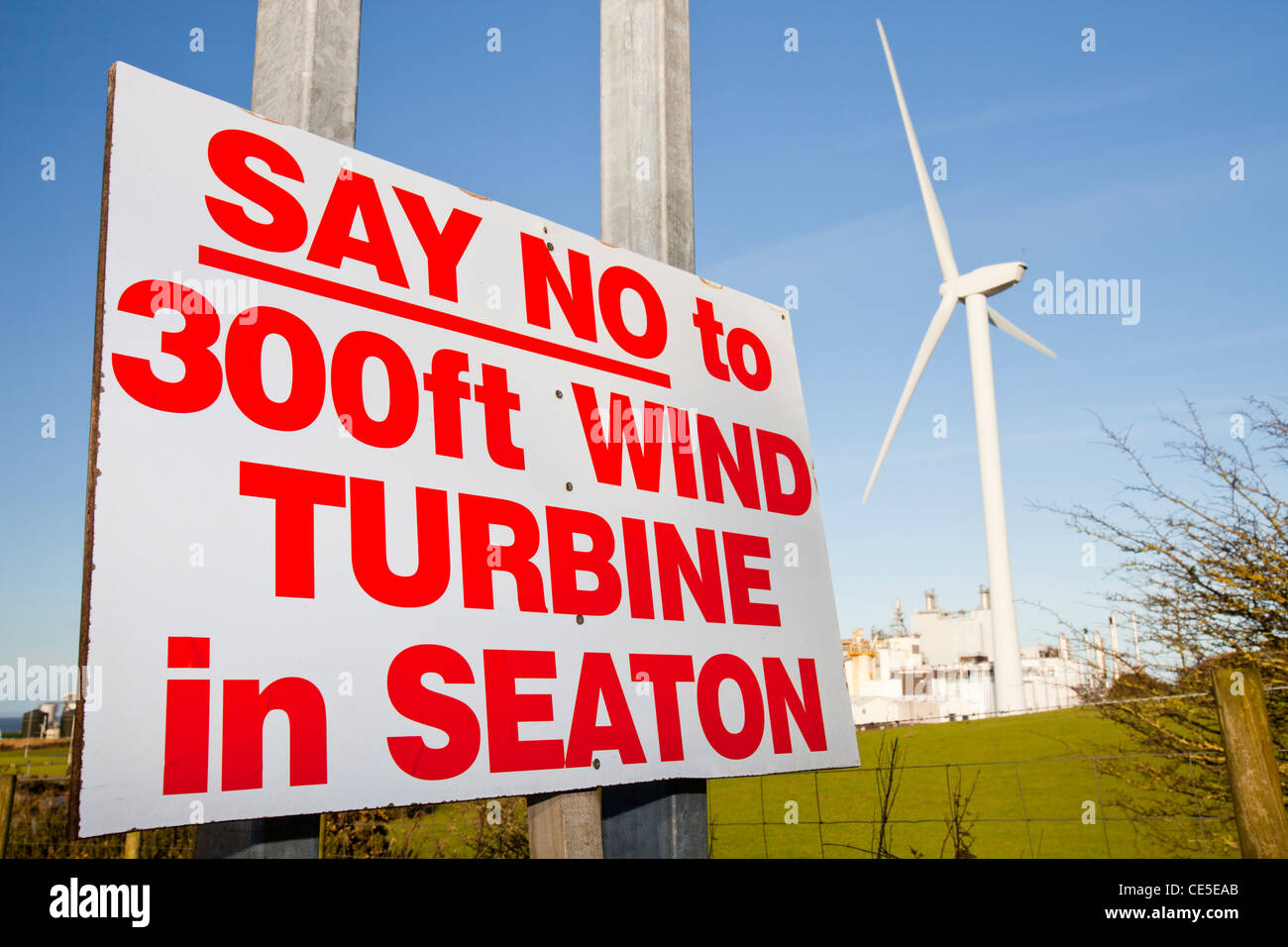 A protest sign about a new wind turbine in Seaton near workington ...