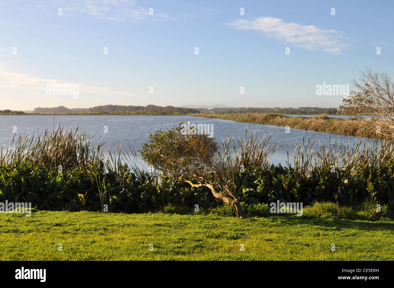 view across lakes to distant mountain near Muizenberg, Cape Town ...