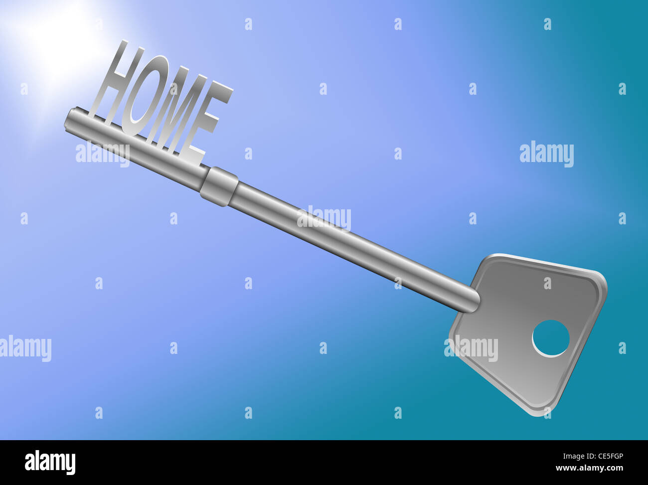 Illustration depicting a single key with a 'home' concept. Purple light ...