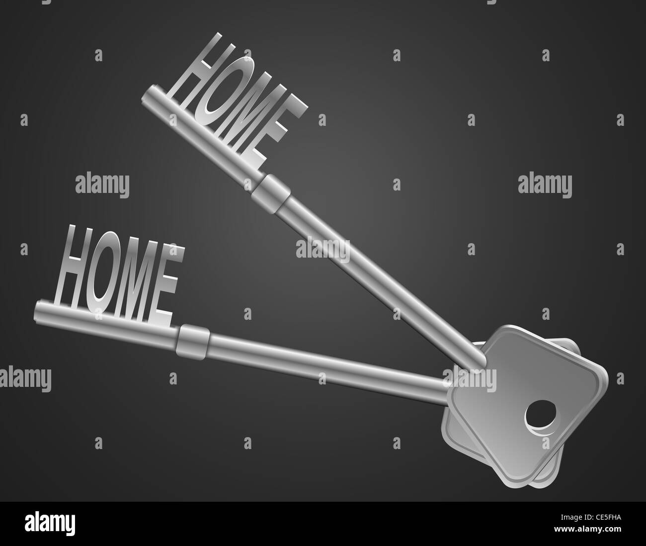 Illustration depicting two keys with a 'home' concept. Dark background ...
