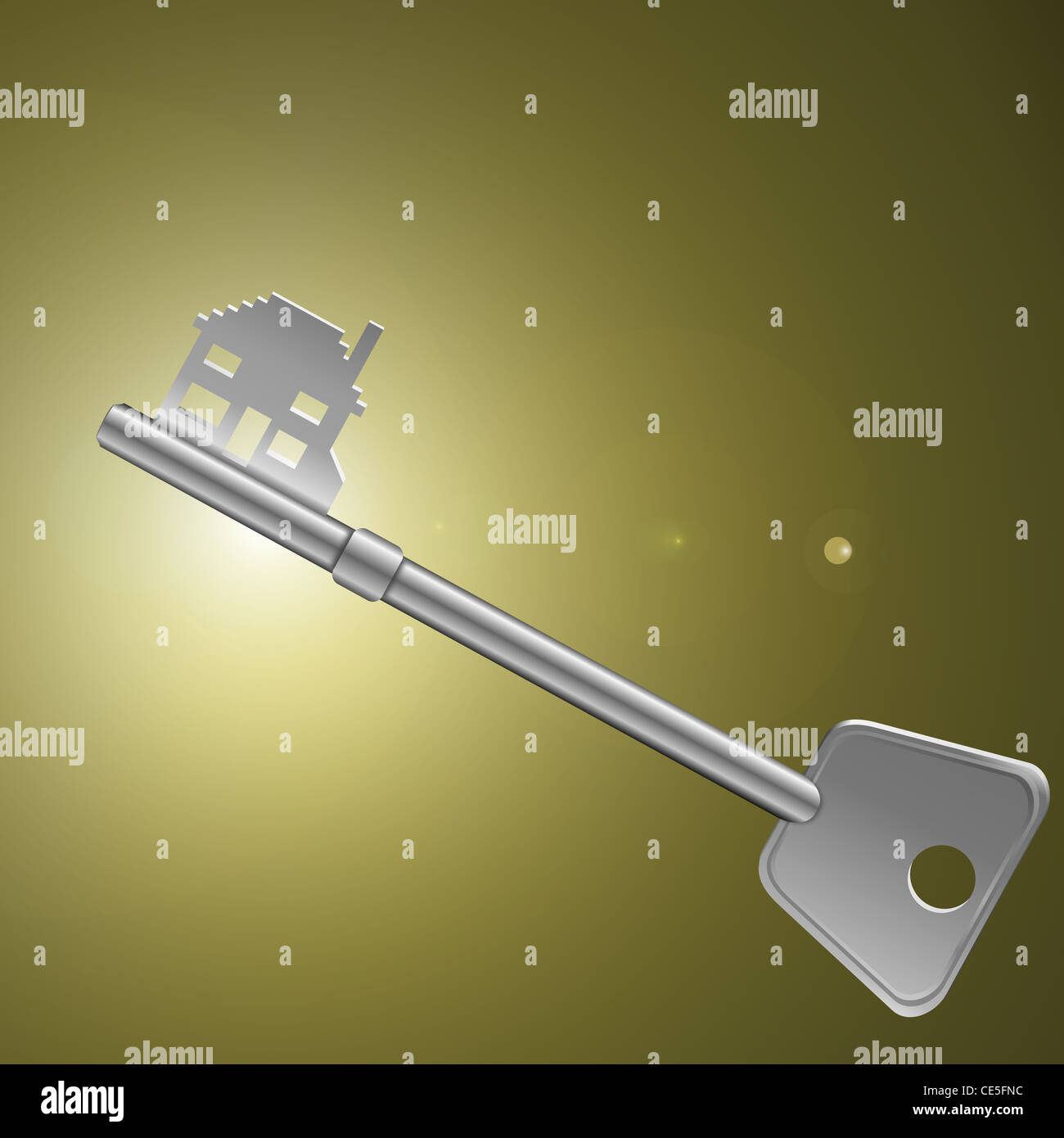 Illustration depicting a single key with a 'home' concept. Golden ...