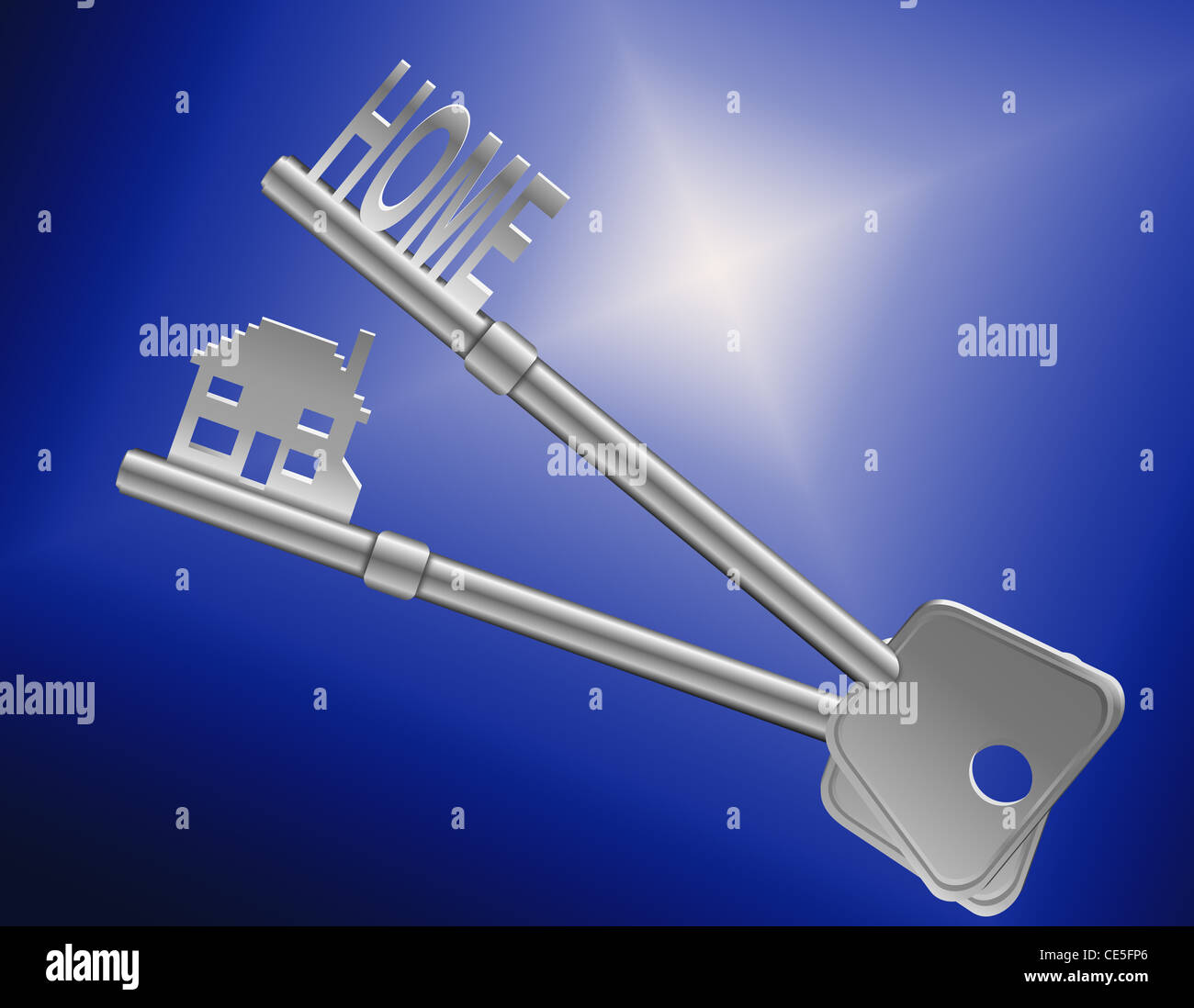 Illustration depicting two keys with a 'home' concept. Blue light ...