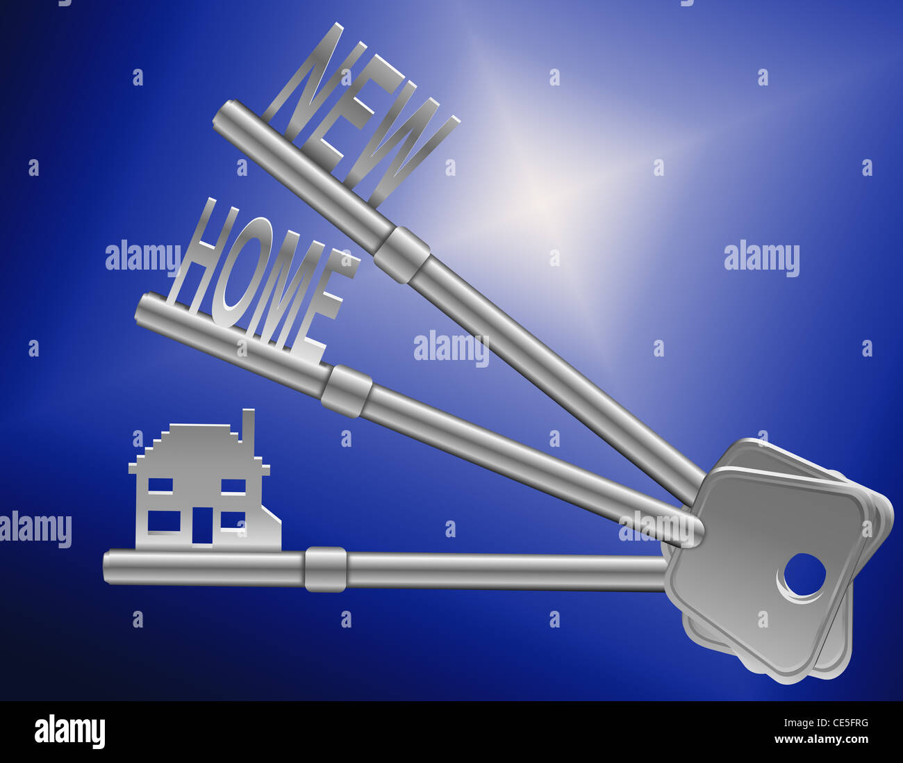 Illustration depicting three keys with a 'home' concept. Blue light ...