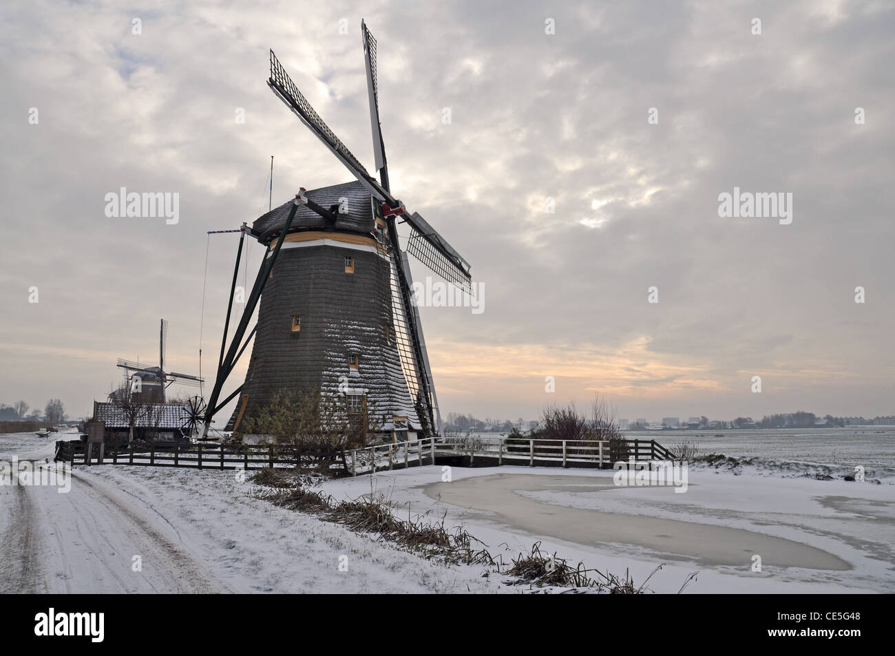 Classic Dutch windmills in winterlandscape, Leidschendam, Holland ...