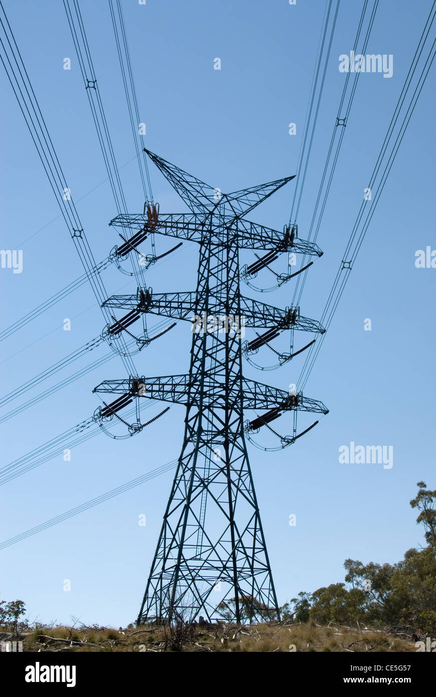 A stanchion supporting electricity lines in countryside in the Southern ...