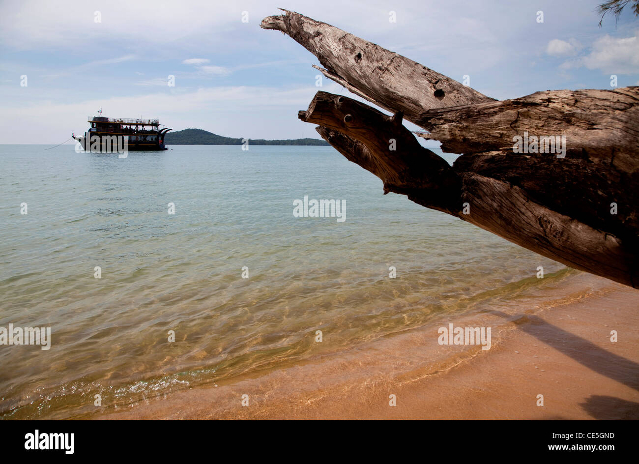 Tourist ferry boat and sea, tropical island in Koh Rong archipelago ...