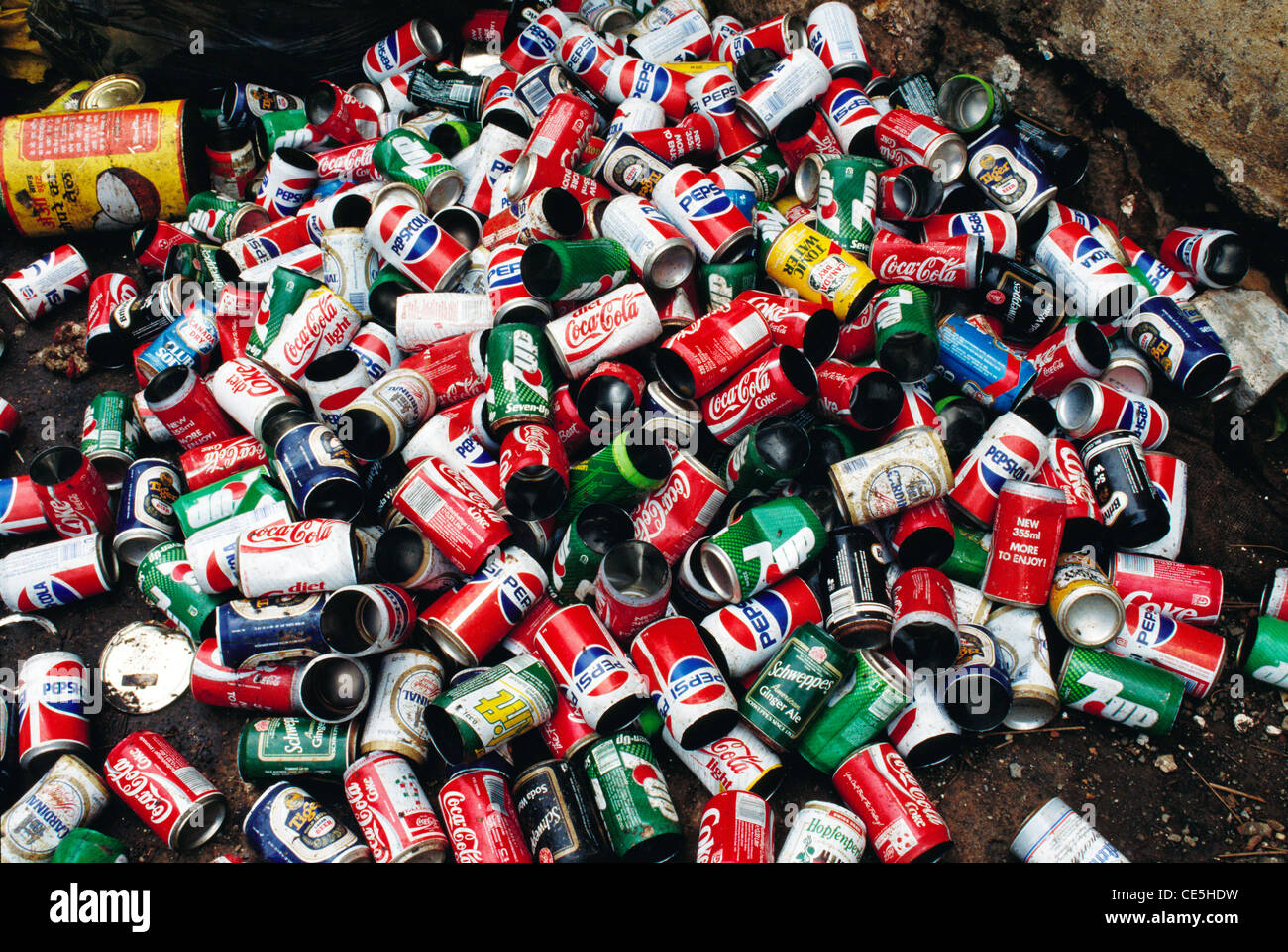 Garbage empty aluminium cans of Coco Cola Pepsi 7up 7 up Stock Photo ...