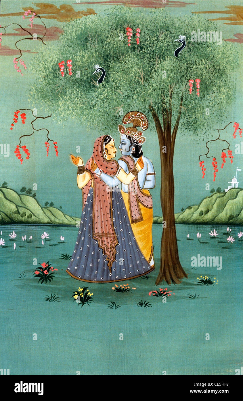 Radha Krishna in garden flowers birds temple miniature painting on ... Radha Krishna in garden flowers birds temple miniature painting on ...