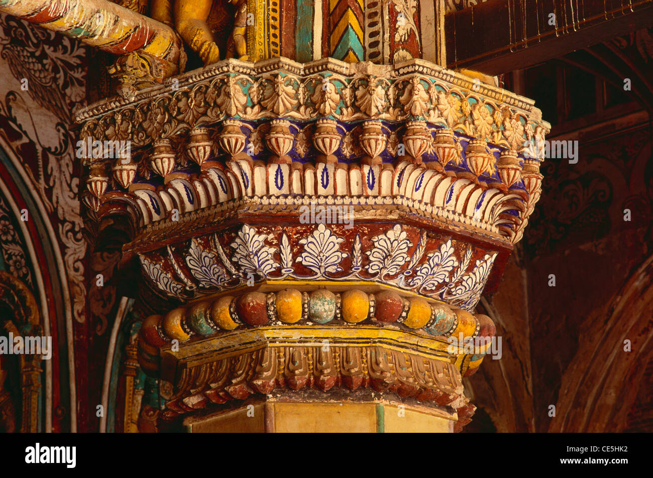 Close up view of painted pillar in Maratha Darbar Hall ; Thanjavur ...