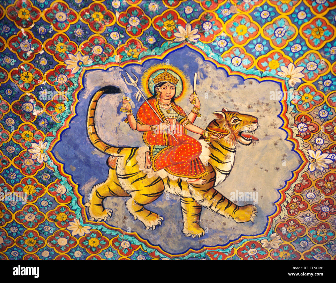 Goddess Durga mounted on tiger ; miniature painting on ceiling of Old ...