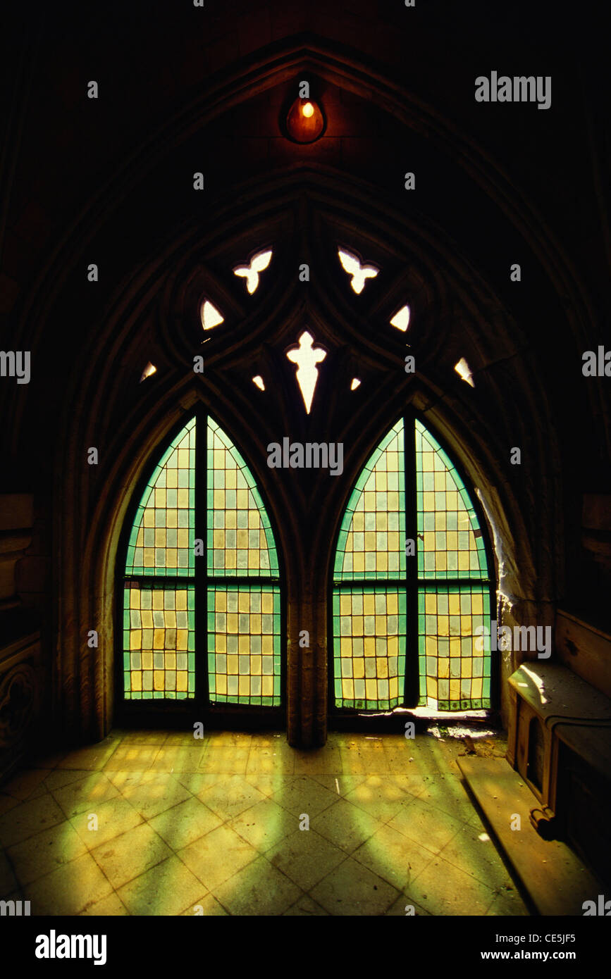 coloured stained glass closed windows St Xavier chapel ; Bombay Mumbai ...