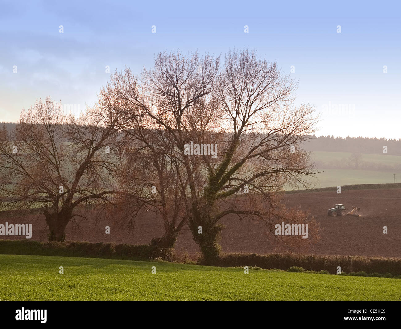 Rural British scene featuring a tractor plowing a field Stock Photo - Alamy