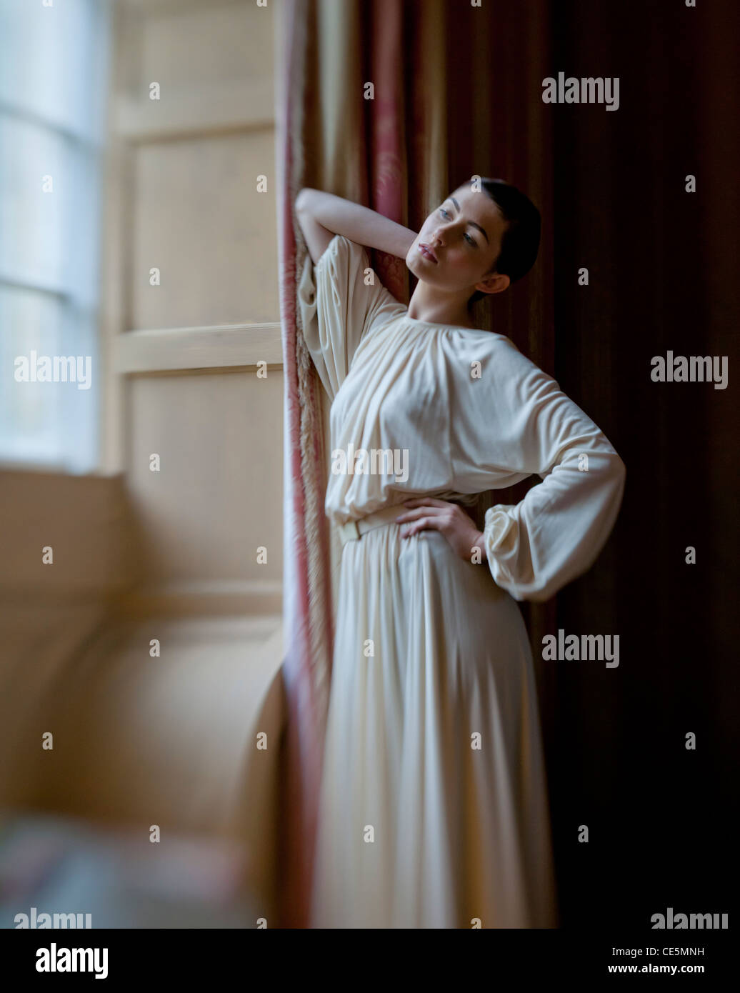 A woman standing by a window, wearing a long dress Stock Photo - Alamy