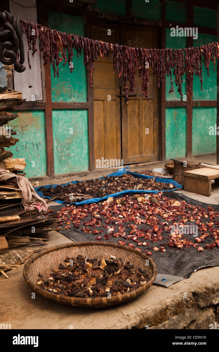 India, Arunachal Pradesh, Tawang, yak meat drying in air outside house ...