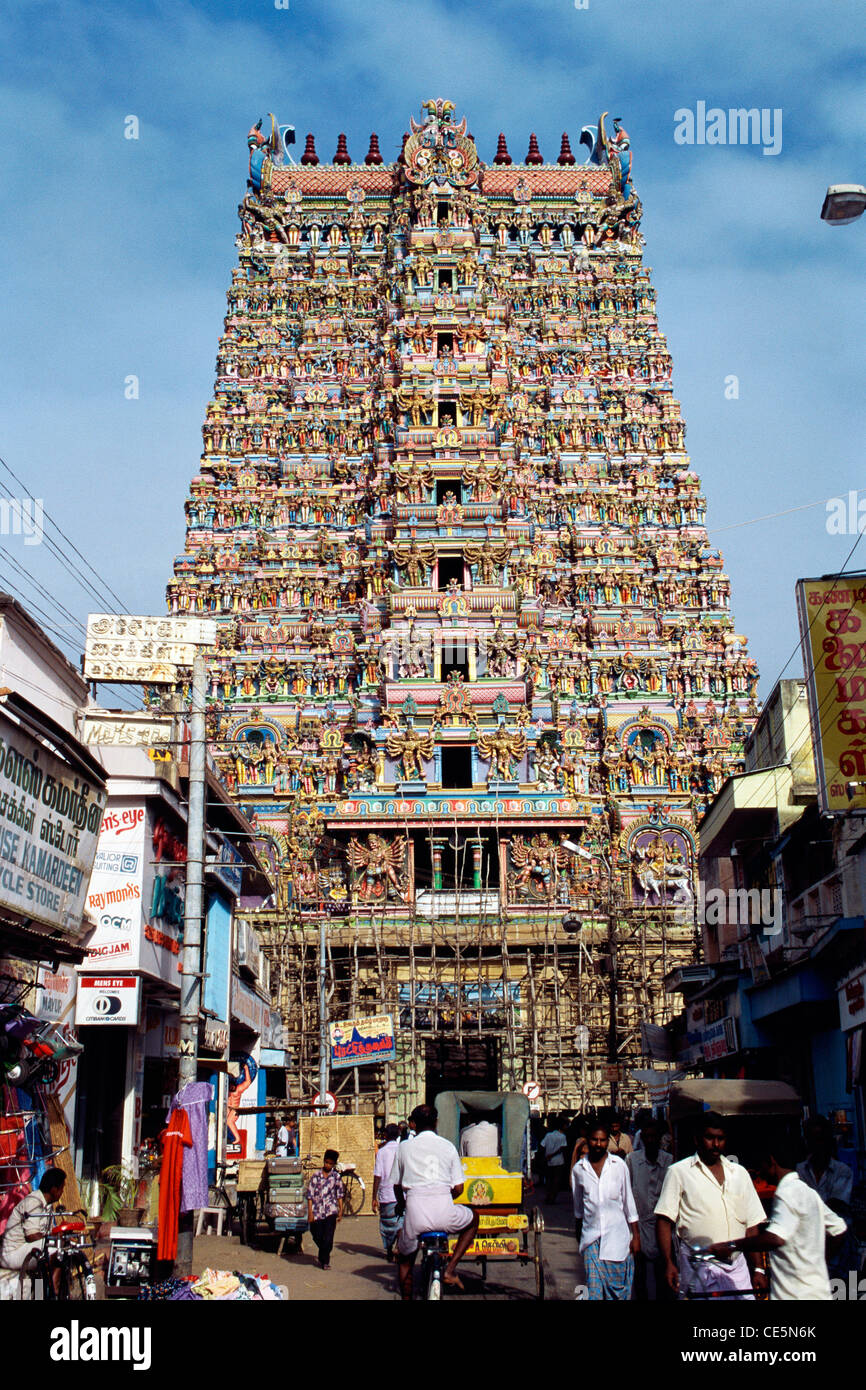 Sri Meenakshi Amman temple west tower at Madurai ; Tamil Nadu ; India ...
