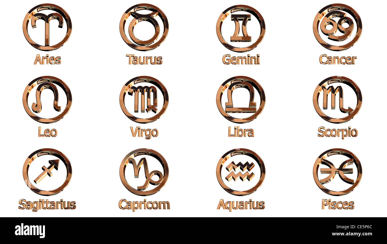Golden zodiac signs isolated on white background Stock Photo - Alamy