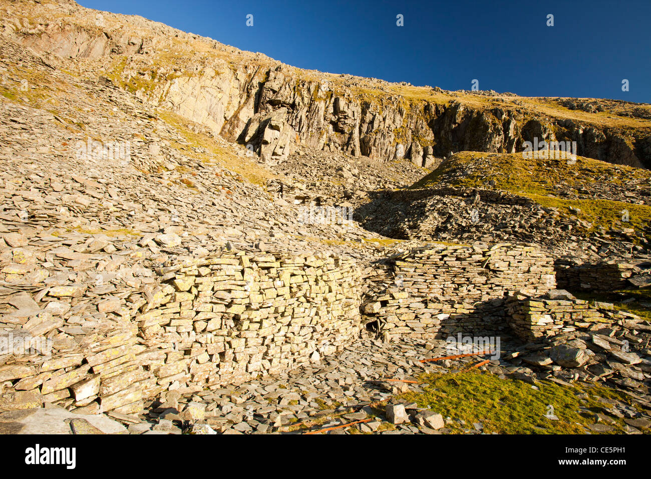 Old abandoned slate quarry workings on the side of Coniston Old Man in ...