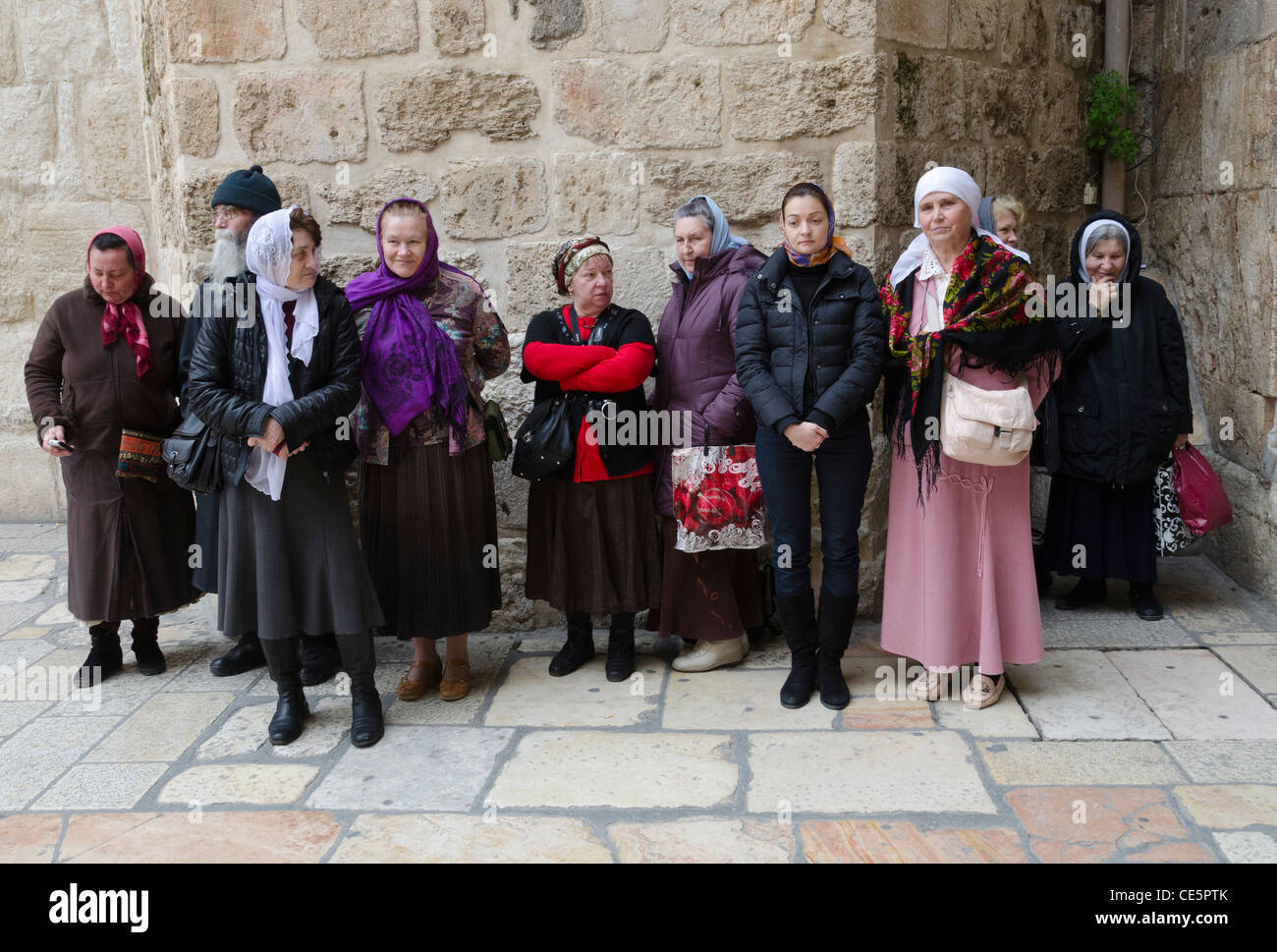Group of Russian female pilgrim in the courtyard of the Holy sepulcher ...