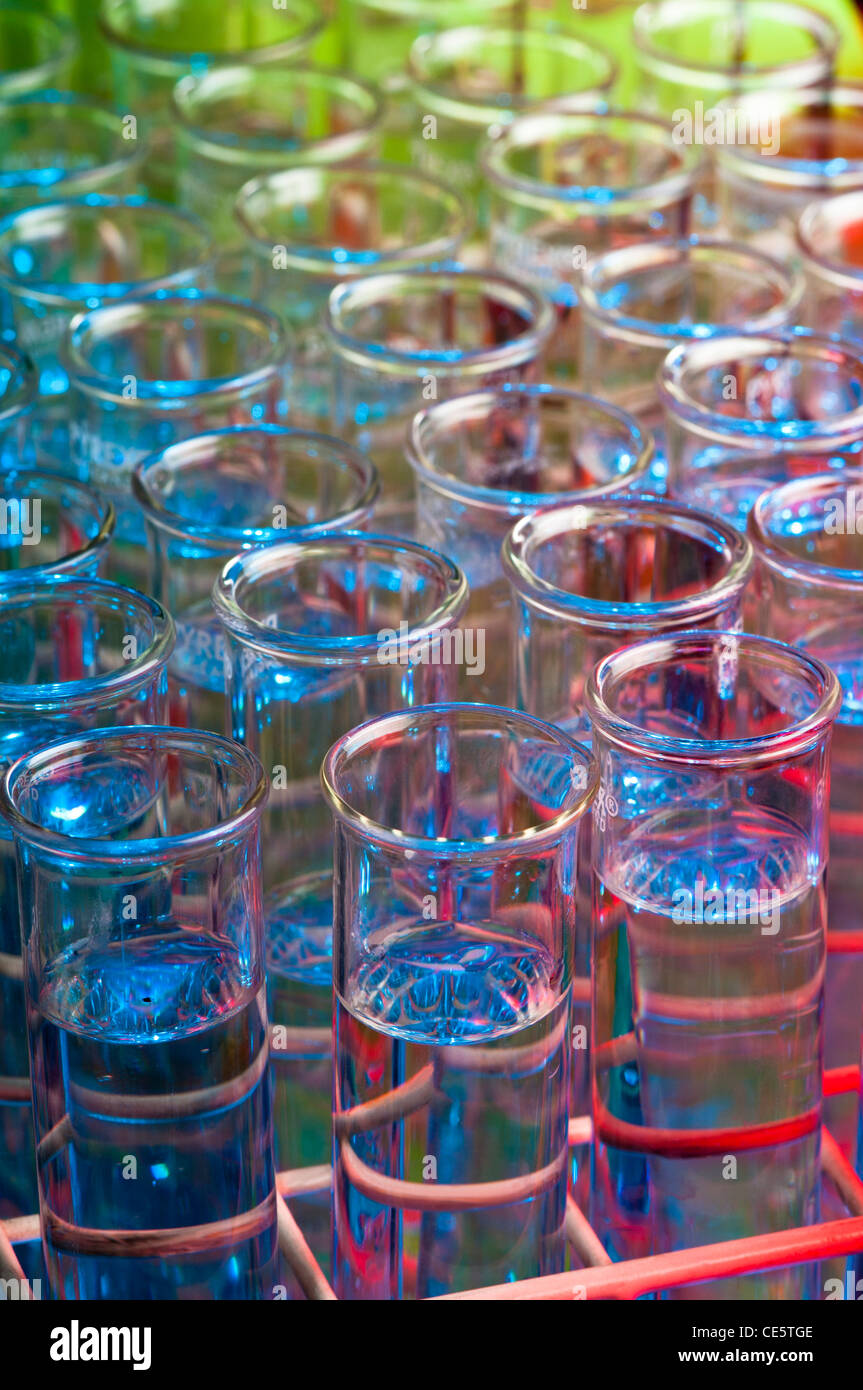 Rack of test tubes containing a liquid, lit with red, blue and green ...