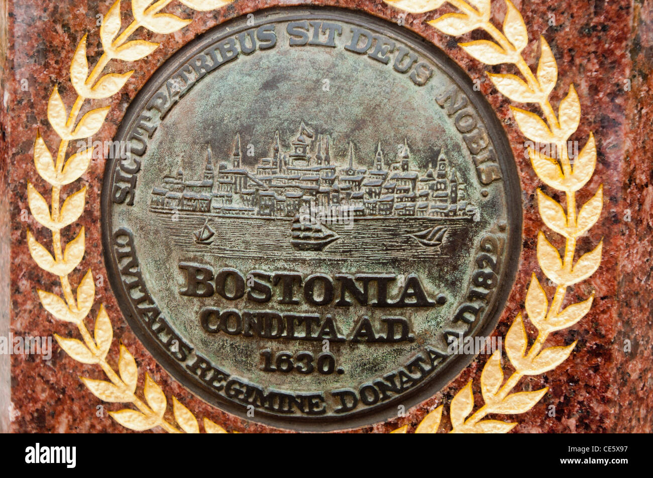 Bostonia Condita AD 1630 metal sign on the sidewalk of Boston downtown ...