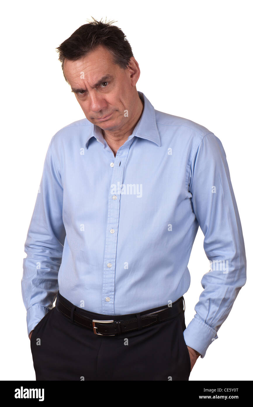 Angry Middle Age Man in Blue Shirt with Grumpy Expression and Hands in ...