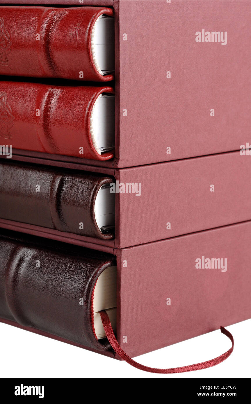 Stack of red and brown leather diaries in hard cover boxes, isolated on ...